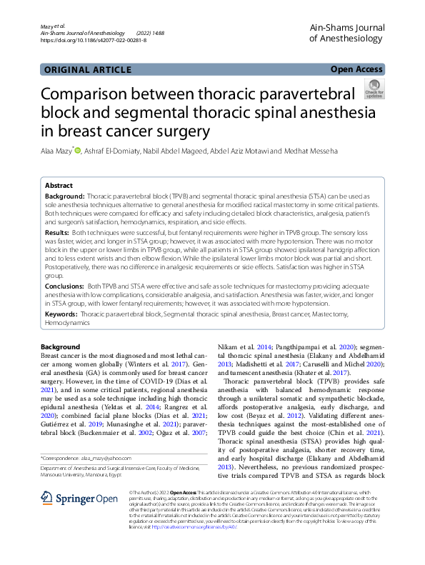 (PDF) Comparison between thoracic paravertebral block and segmental ...