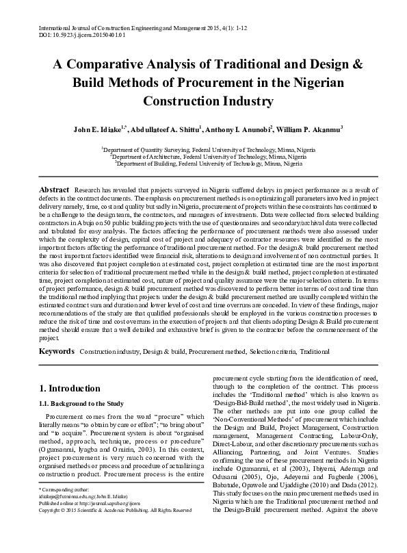 (PDF) A Comparative Analysis of Traditional and Design & Build Methods ...