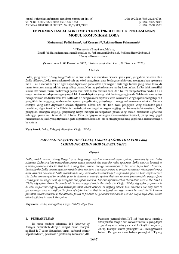 (PDF) Implementasi Algoritme Clefia 128-Bit untuk Pengamanan Modul Komunikasi Lora