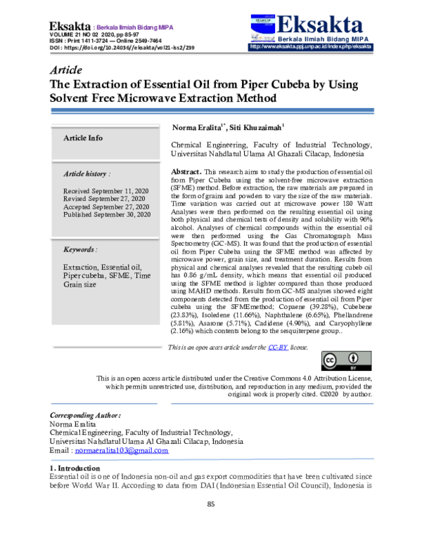 (PDF) The Extraction of Essential Oil from Piper Cubeba by Using ...