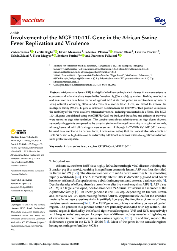 (PDF) Involvement of the MGF 110-11L Gene in the African Swine Fever ...