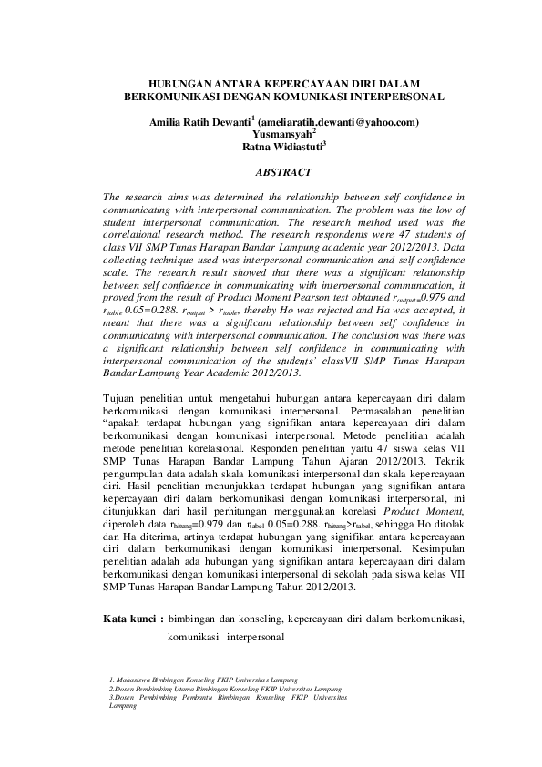 (PDF) Hubungan Antara Kepercayaan Diri Dalam Berkomunikasi Dengan Komunikasi Interpersonal DI ...