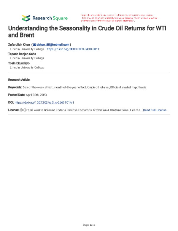(PDF) Understanding the Seasonality in Crude Oil Returns for WTI and Brent