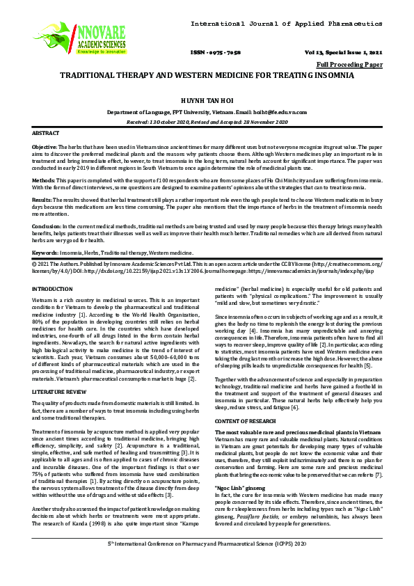 (PDF) TRADITIONAL THERAPY AND WESTERN MEDICINE FOR TREATING INSOMNIA
