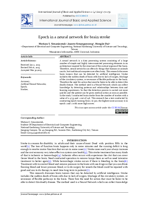 (PDF) Epoch in a neural network for brain stroke