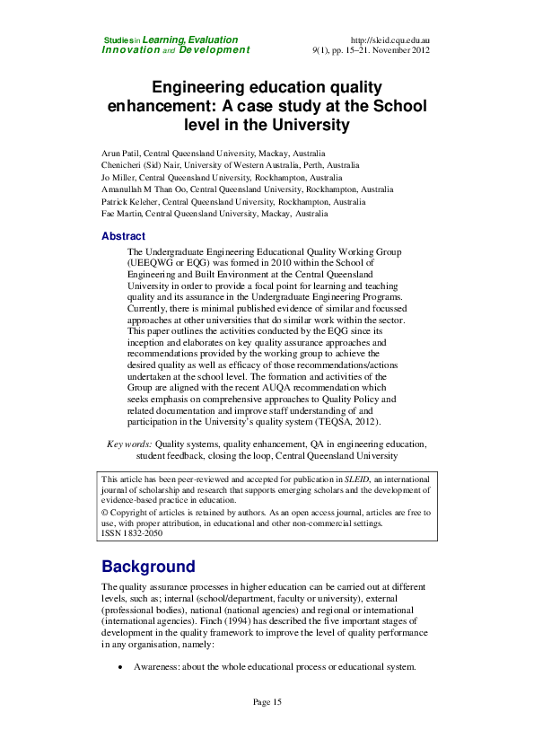 (PDF) Innovation and Development Engineering education quality enhancement: A case study at the ...