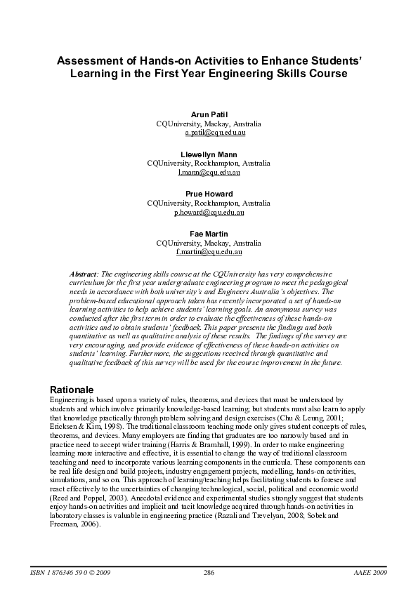 (PDF) Assessment of Hands-on Activities to Enhance Students' Learning in the First Year ...