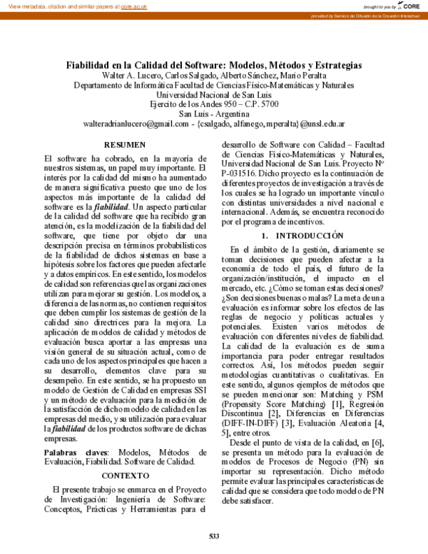 (PDF) Fiabilidad en la calidad del software: modelos, métodos y estrategias