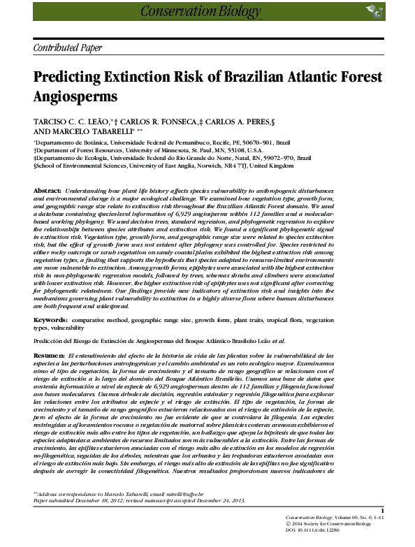 (PDF) Predicting Extinction Risk of Brazilian Atlantic Forest Angiosperms