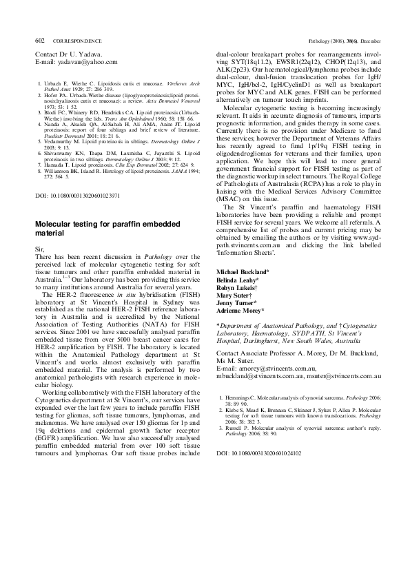 (PDF) Molecular testing for paraffin embedded material