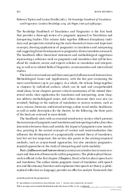 (PDF) The Routledge Handbook of Translation and Pragmatics, edited by ...