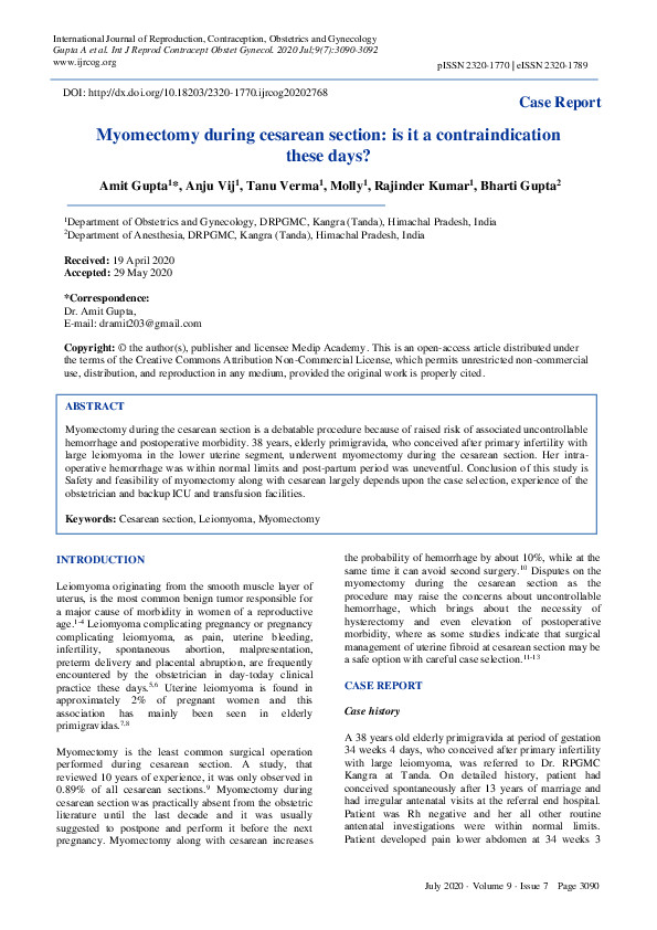 Pdf Myomectomy During Cesarean Section Is It A Contraindication