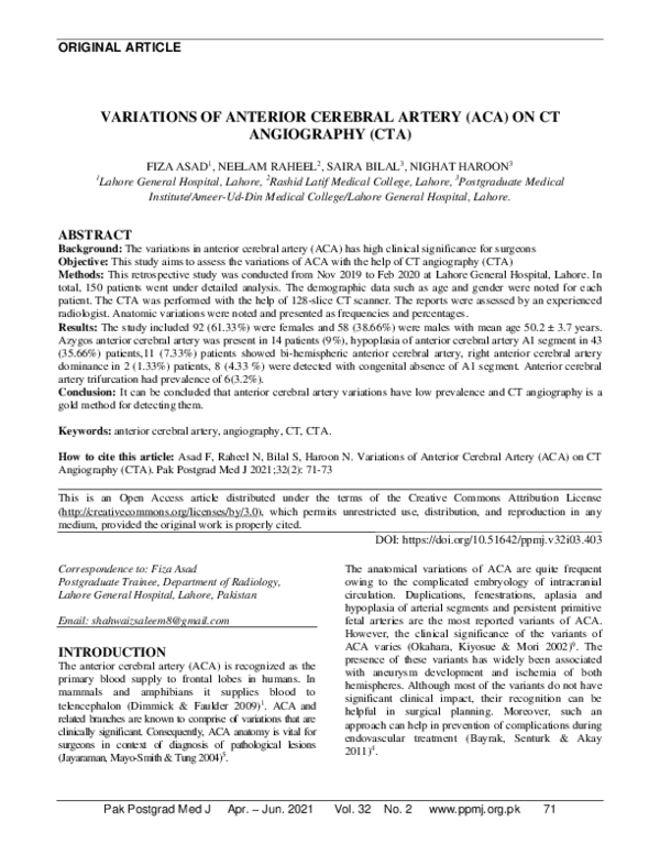 (PDF) Variations of Anterior Cerebral Artery (ACA) on CT Angiography (CTA)