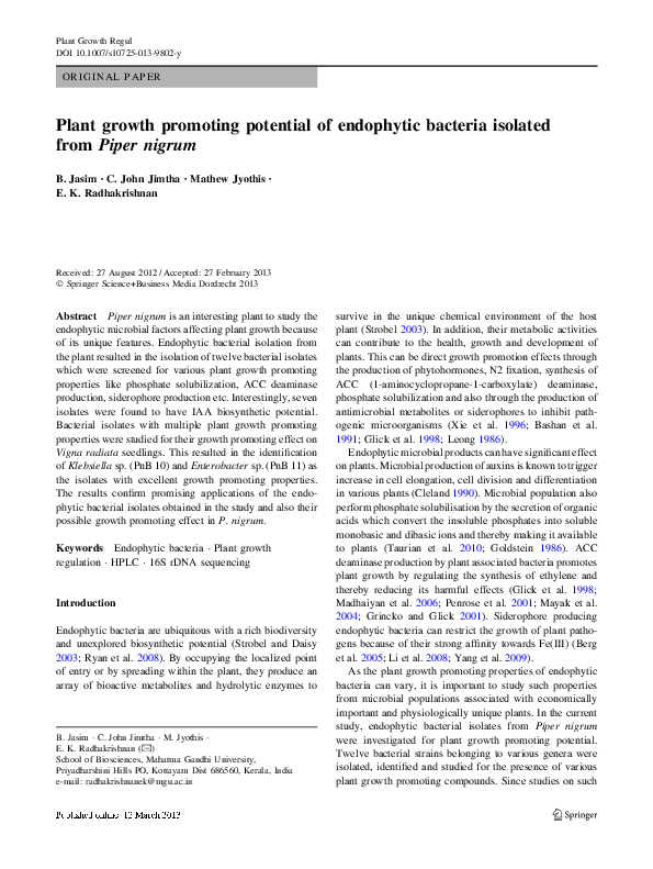 (PDF) Plant growth promoting potential of endophytic bacteria isolated from Piper nigrum | Ihsan ...