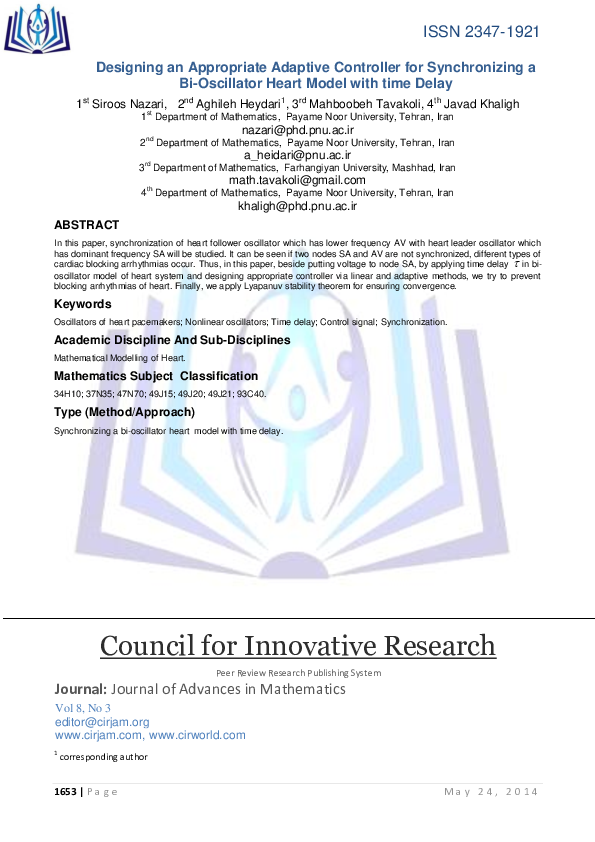 (PDF) Designing an appropriate adaptive controller for synchronizing a bi-oscillator heart model ...