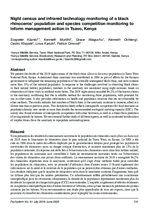 Night census and infrared technology monitoring of a black rhinoceros ...