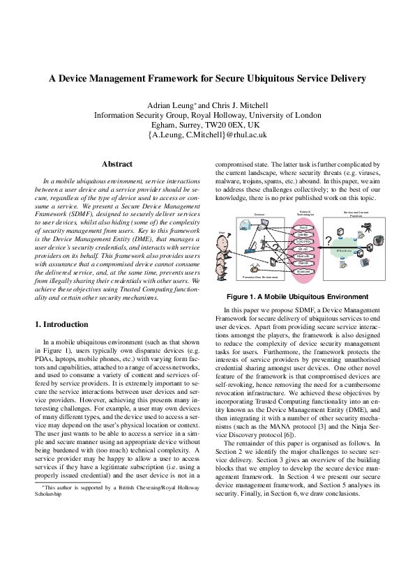 (PDF) A Device Management Framework for Secure Ubiquitous Service Delivery