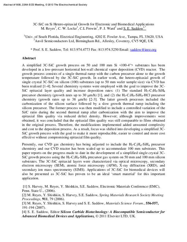 (PDF) 3C-SiC on Si Hetero-Epitaxial Growth for Electronic and Biomedical Applications