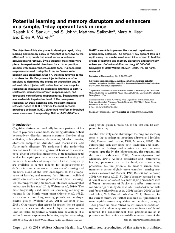 (PDF) 1-Day Memory Assay in Mice: Drug Effects