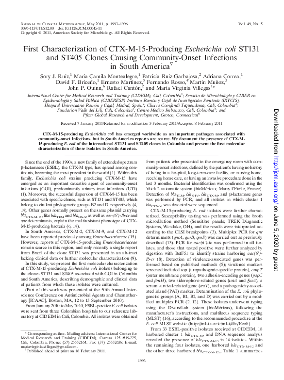 (PDF) First Characterization of CTX-M-15-Producing Escherichia coli ...