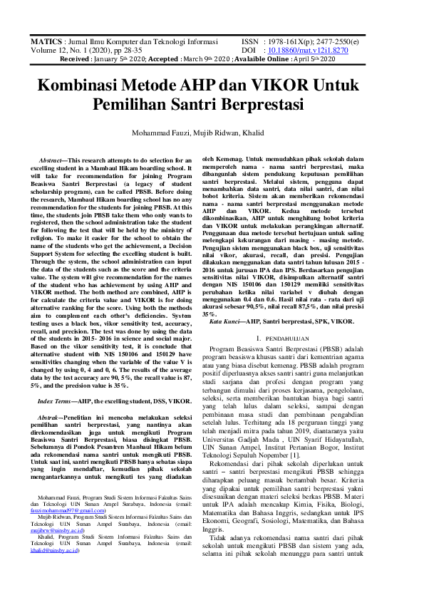 (PDF) Kombinasi Metode AHP dan VIKOR Untuk Pemilihan Santri Berprestasi