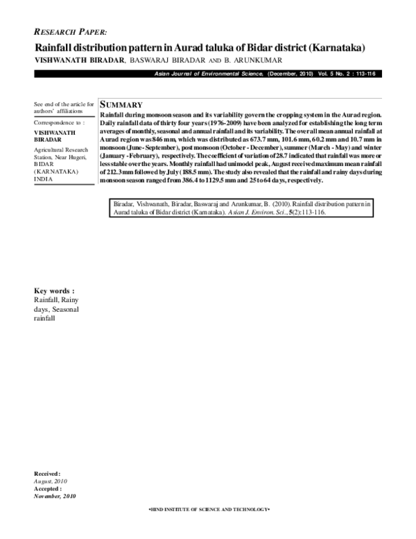 (PDF) Rainfall distribution pattern in Aurad taluka of Bidar district ...