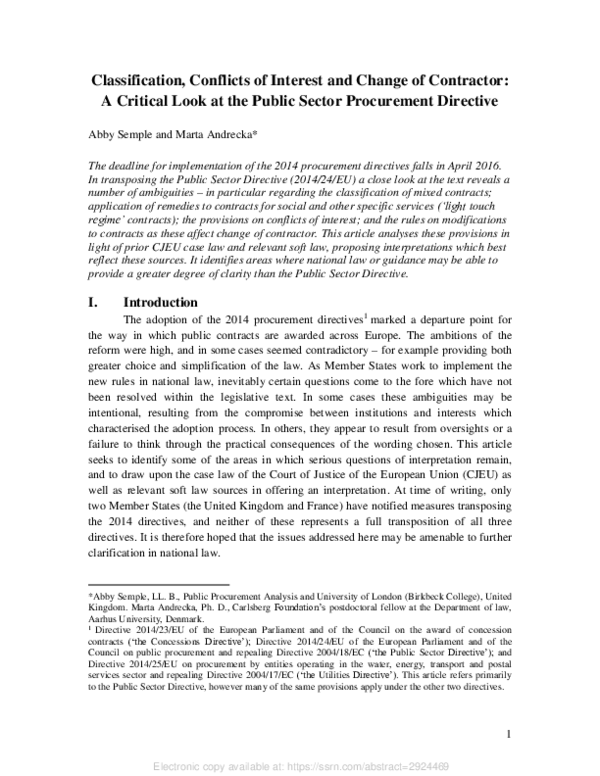(PDF) Classification, Conflicts of Interest and Change of Contractor: A Critical Look at the ...