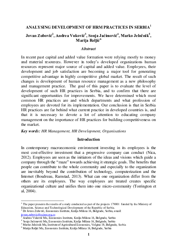 (PDF) Analysing Development of HRM Practices in Serbia 1 | Andrea ...