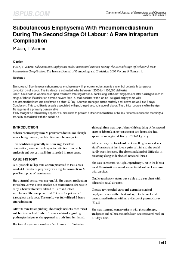 (PDF) Subcutaneous Emphysema With Pneumomediastinum During The Second Stage Of Labour: A Rare ...