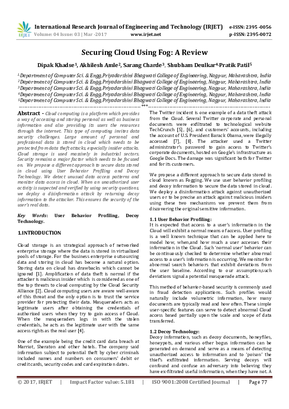 (PDF) Securing Cloud Using Fog: A Review (PDF) Securing Cloud Using Fog: A Review