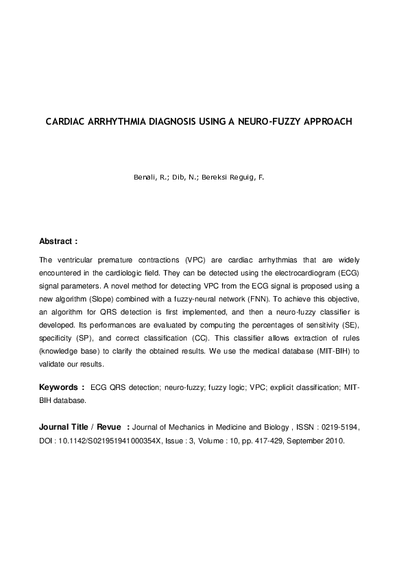 Pdf Cardiac Arrhythmia Diagnosis Using A Neuro Fuzzy Approach