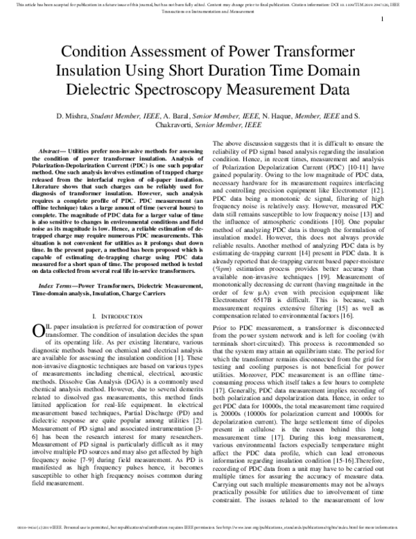 Pdf Condition Assessment Of Power Transformer Insulation Using Short Duration Time Domain