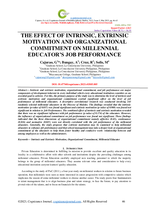 (PDF) THE EFFECT OF INTRINSIC, EXTRINSIC MOTIVATION AND ORGANIZATIONAL COMMITMENT ON MILLENNIAL ...
