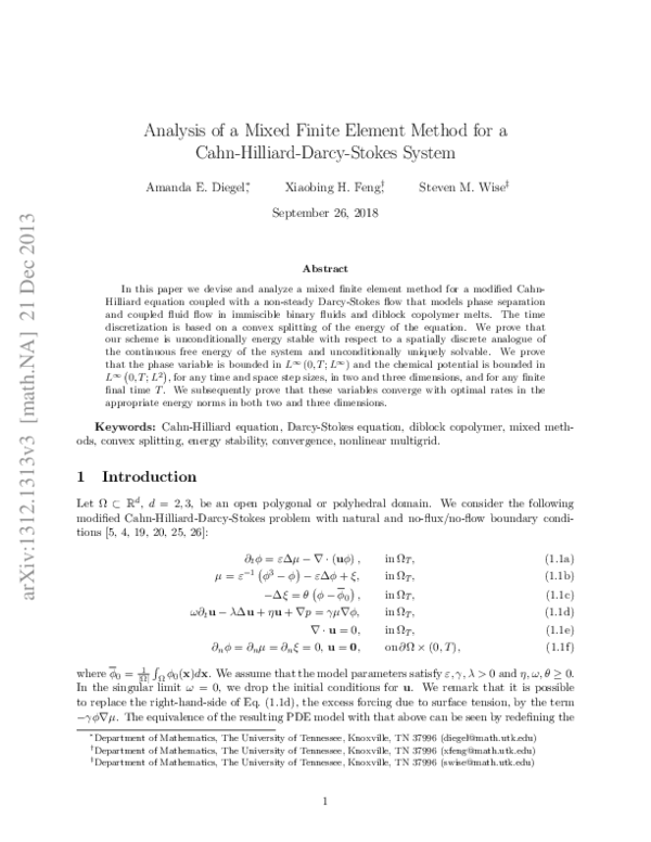 Pdf Analysis Of A Mixed Finite Element Method For A Cahn Hilliard Darcy Stokes System