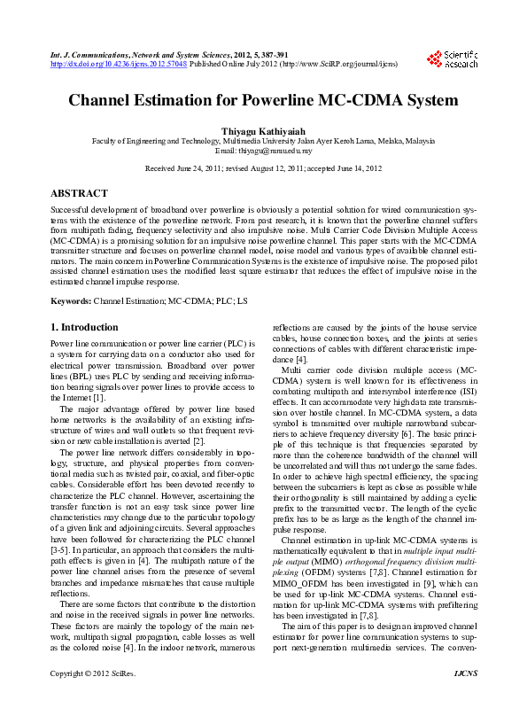 (PDF) Channel Estimation for Powerline MC-CDMA System | K. Thiyagu - Academia.edu