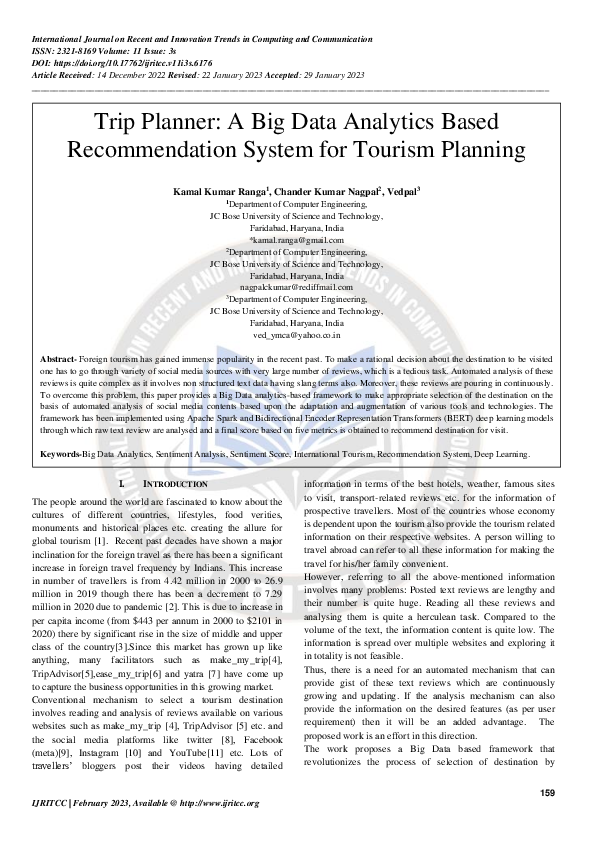 (PDF) Trip Planner: A Big Data Analytics Based Recommendation System for Tourism Planning