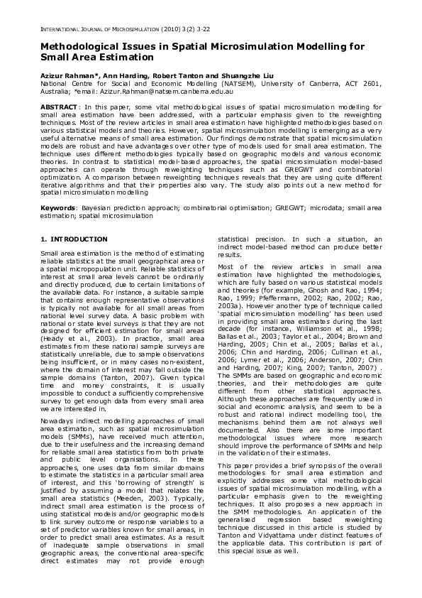 (PDF) Methodological Issues in Spatial Microsimulation Modelling for Small Area Estimation