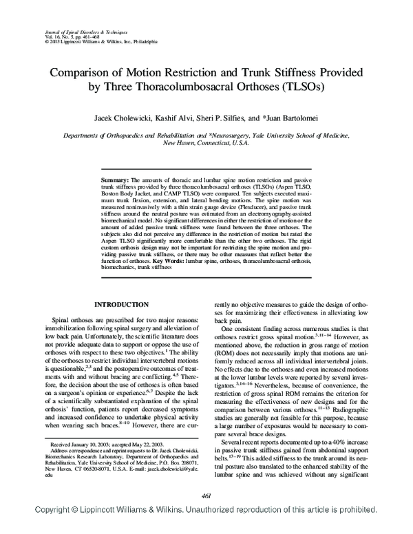 (PDF) Comparison of Motion Restriction and Trunk Stiffness Provided by ...