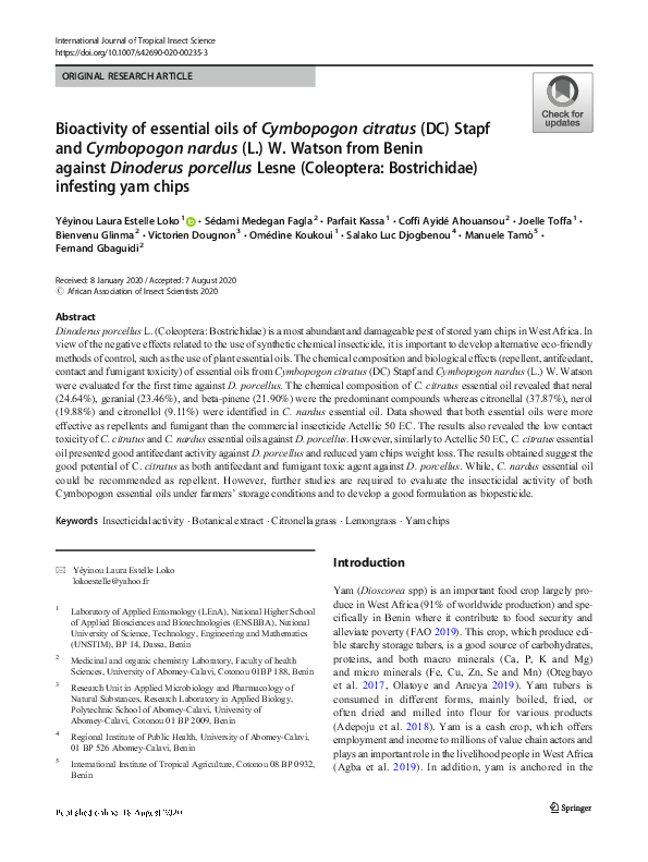 (PDF) Bioactivity of essential oils of Cymbopogon citratus (DC) Stapf and Cymbopogon nardus (L ...