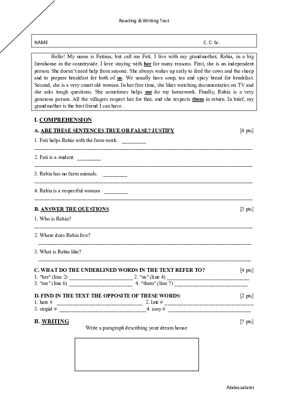 (PDF) C. C. Reading Comprehension Test (Fati)
