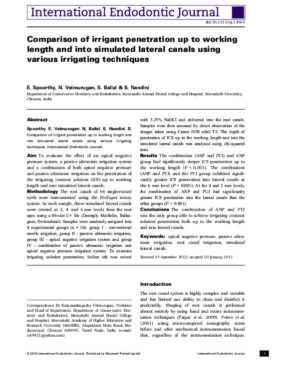 (PDF) Comparison of irrigant penetration up to working length and into ...