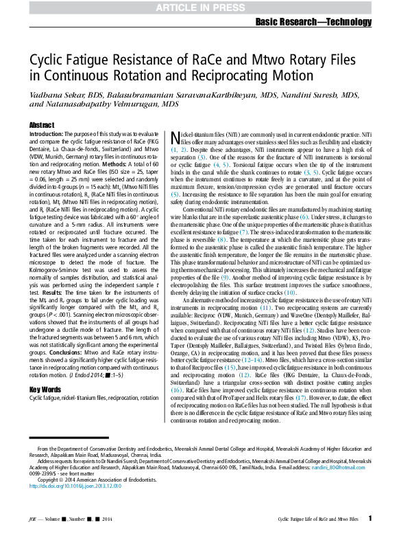 (PDF) Cyclic Fatigue Resistance of RaCe and Mtwo Rotary Files in ...