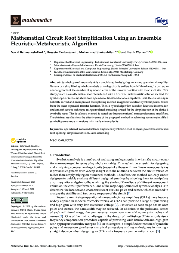 (PDF) Mathematical Circuit Root Simplification Using an Ensemble Heuristic–Metaheuristic Algorithm