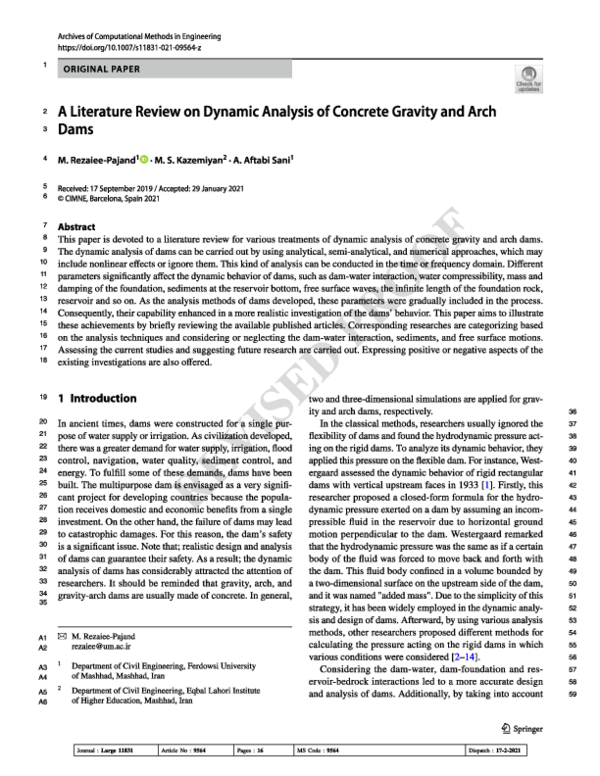 (PDF) A Literature Review on Dynamic Analysis of Concrete Gravity and Arch Dams | Sadegh ...