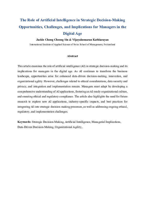 (PDF) The Role of Artificial Intelligence in Strategic Decision-Making Opportunities, Challenges ...