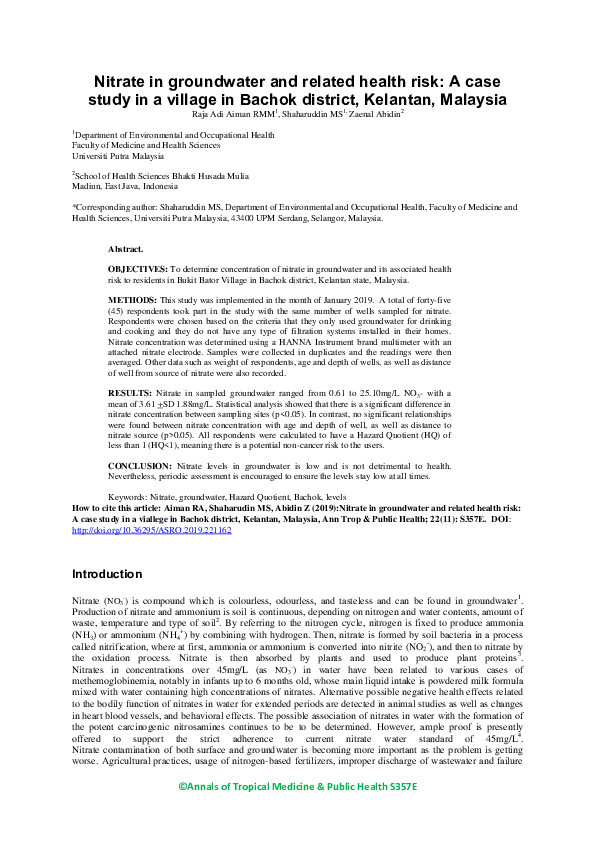 (PDF) Nitrate in groundwater and related health risk: A case study in a village in Bachok ...
