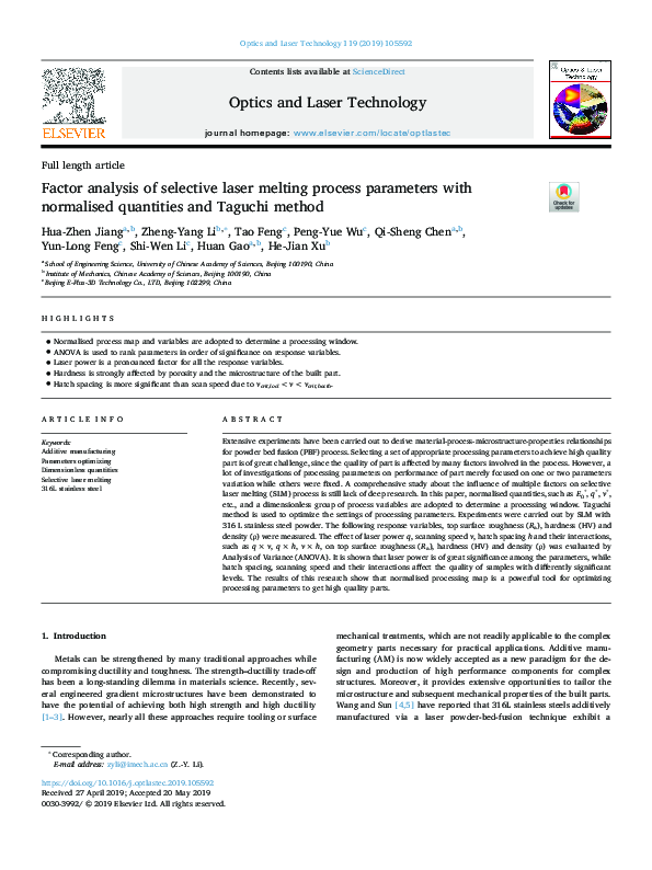 Pdf Factor Analysis Of Selective Laser Melting Process Parameters And Geometrical