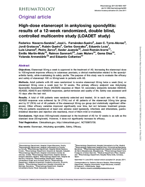 (PDF) High-dose etanercept in ankylosing spondylitis: results of a 12-week randomized, double ...