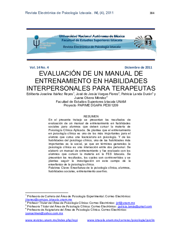 (PDF) Evaluación De Un Manual De Entrenamiento en Habilidades Interpersonales Para Terapeutas