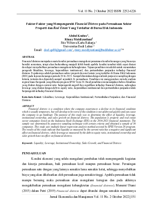 (PDF) Faktor-Faktor Yang Mempengaruhi Financial Distress Pada Perusahaan Sektor Properti Dan ...